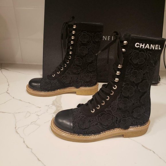 CHANEL | Shoes | Chanel 9s Camellia Flower Embroidered Applique Lace Up ...